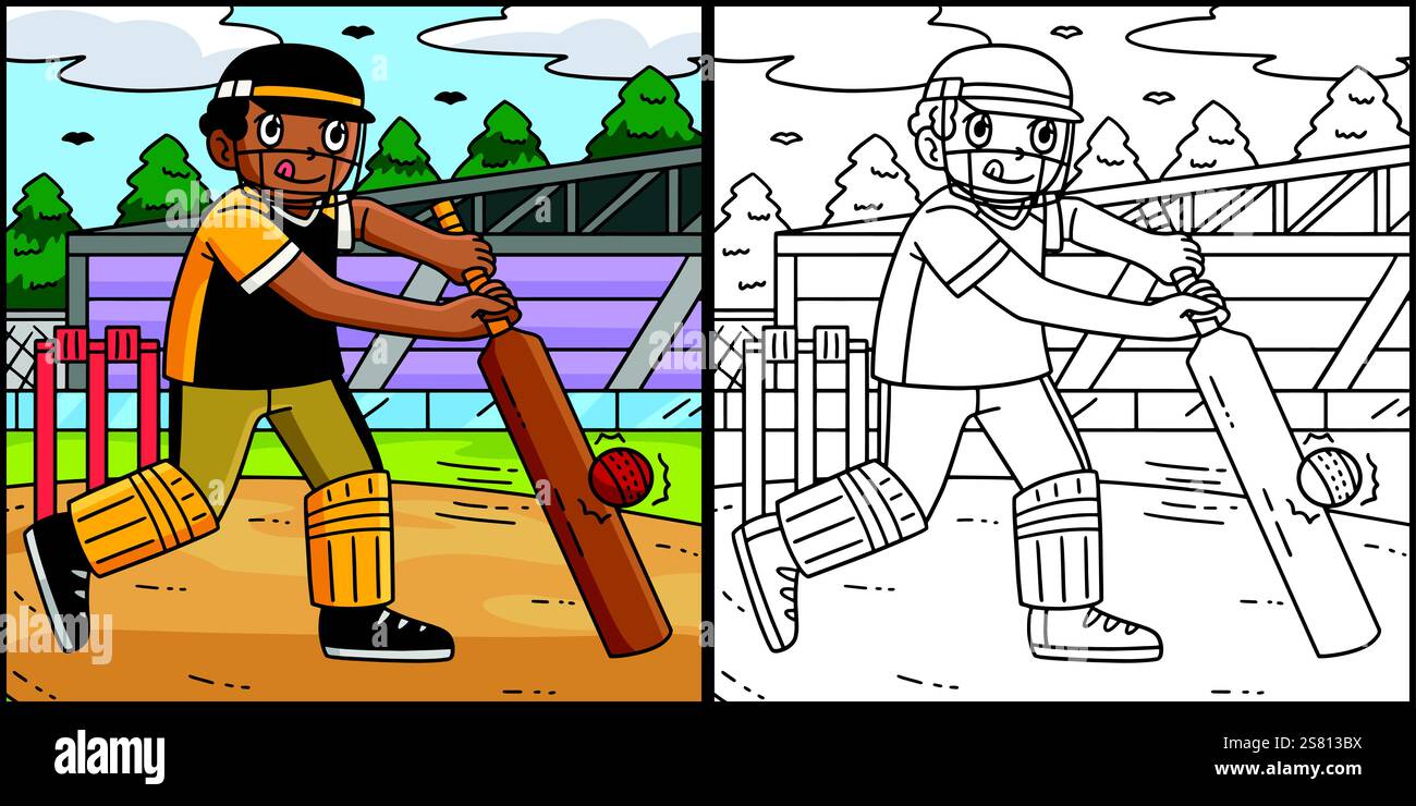 Cricket Player Hitting Ball Coloring Illustration Stock Vector Image ...