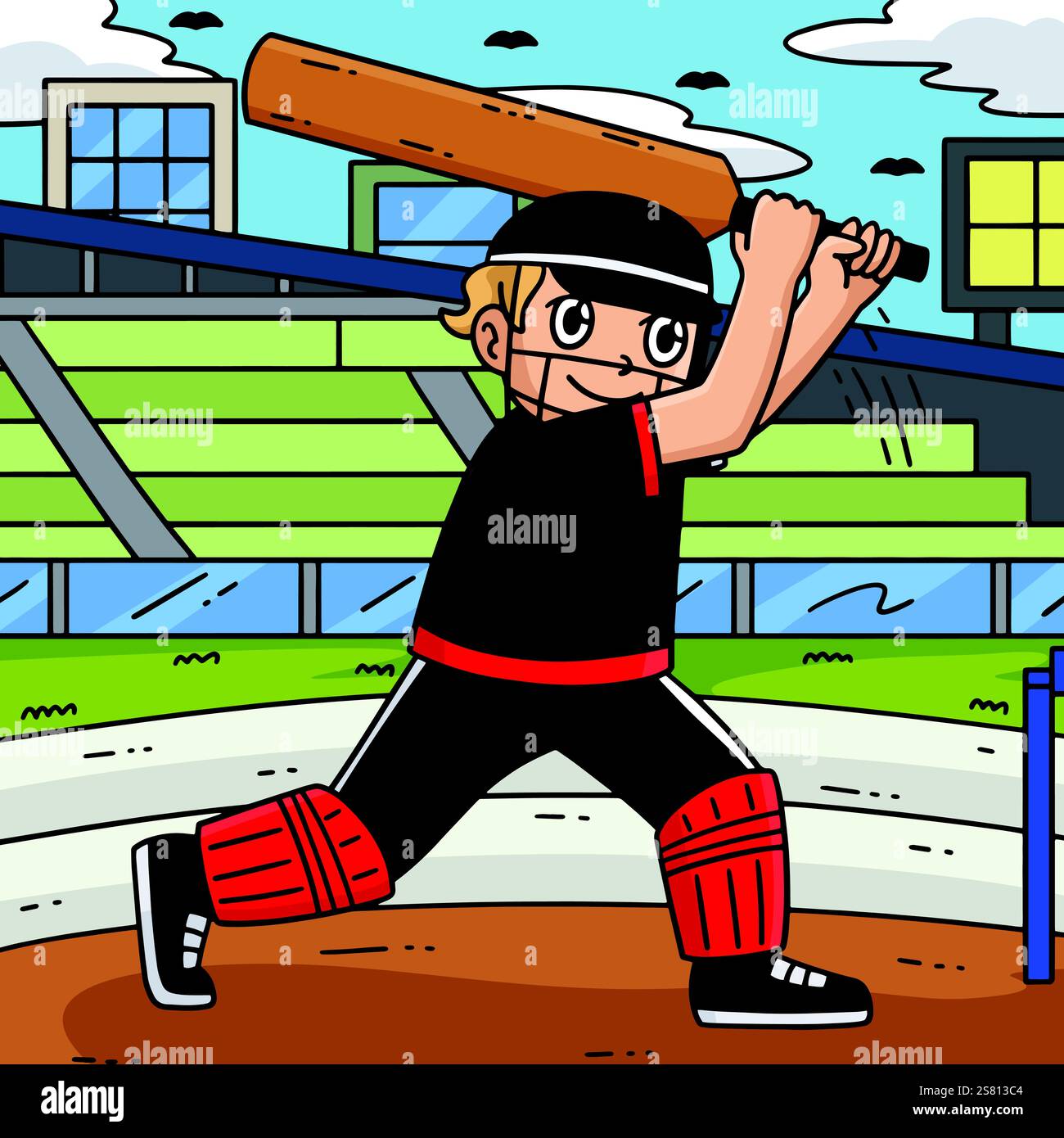 Cricket Player Swinging the Bat Colored Cartoon Stock Vector Image ...