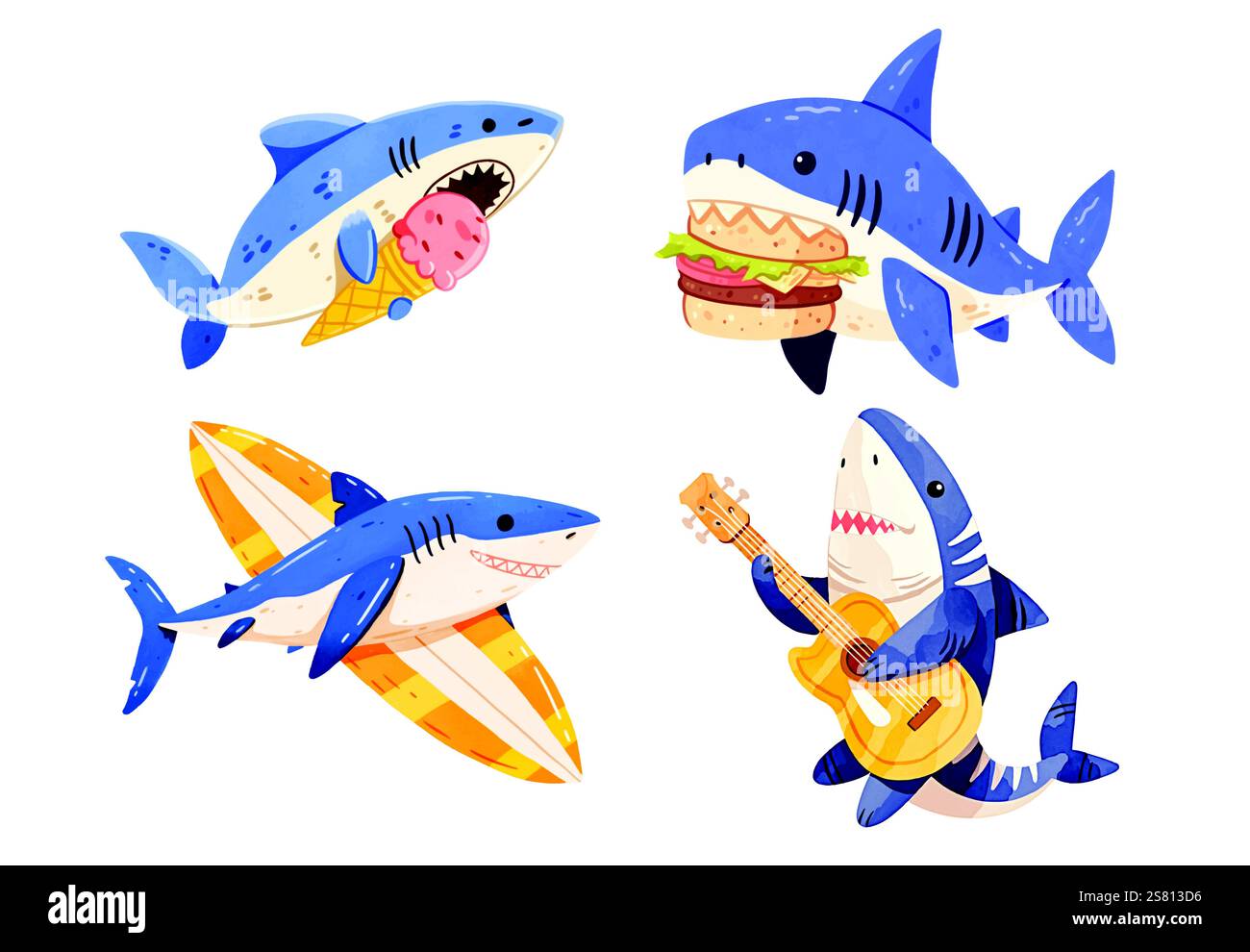 cute watercolor cartoon summer sharks set vector Stock Vector Image & Art - Alamy