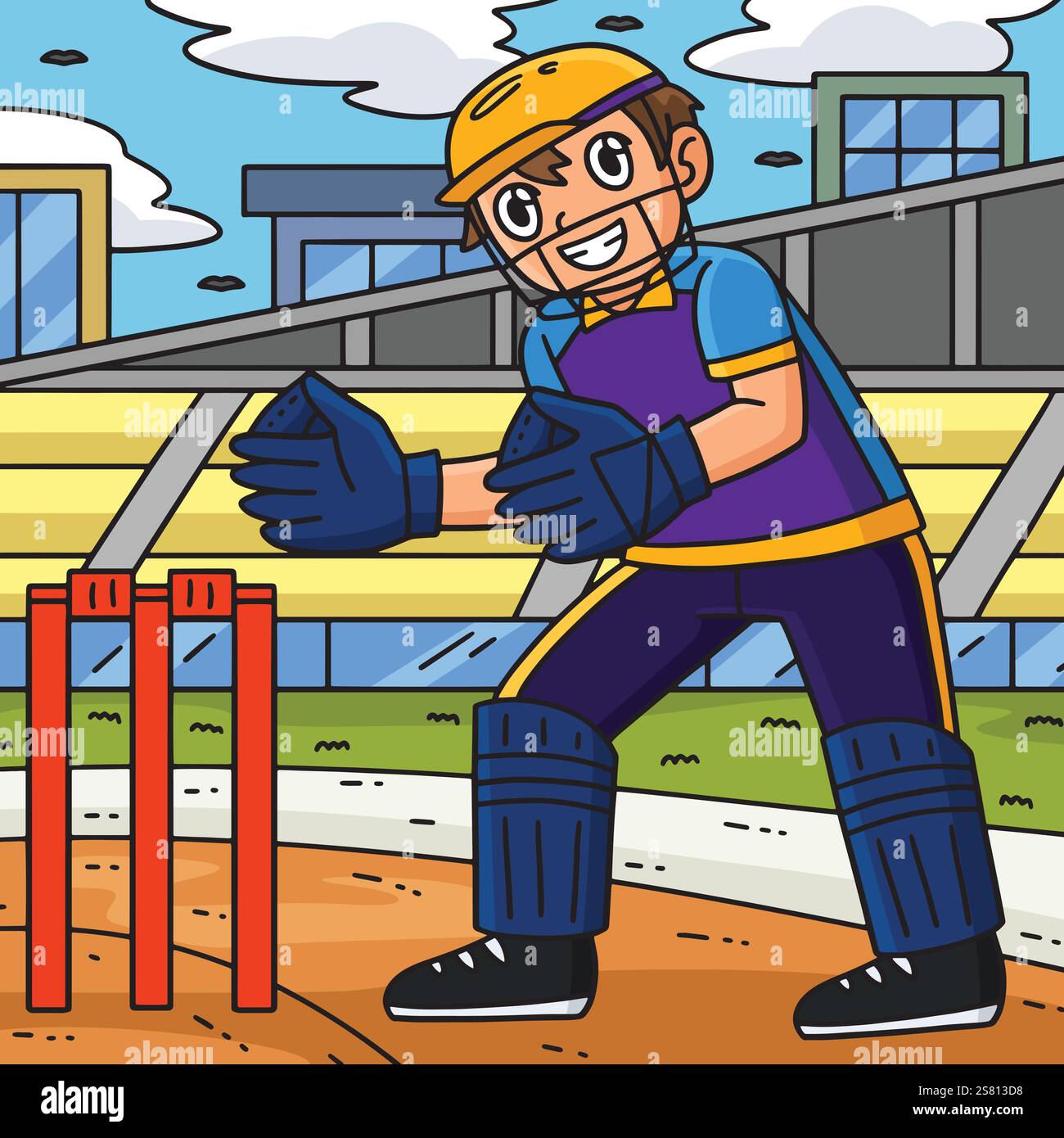 Cricket Wicket Keeper Crouching Colored Cartoon Stock Vector Image ...