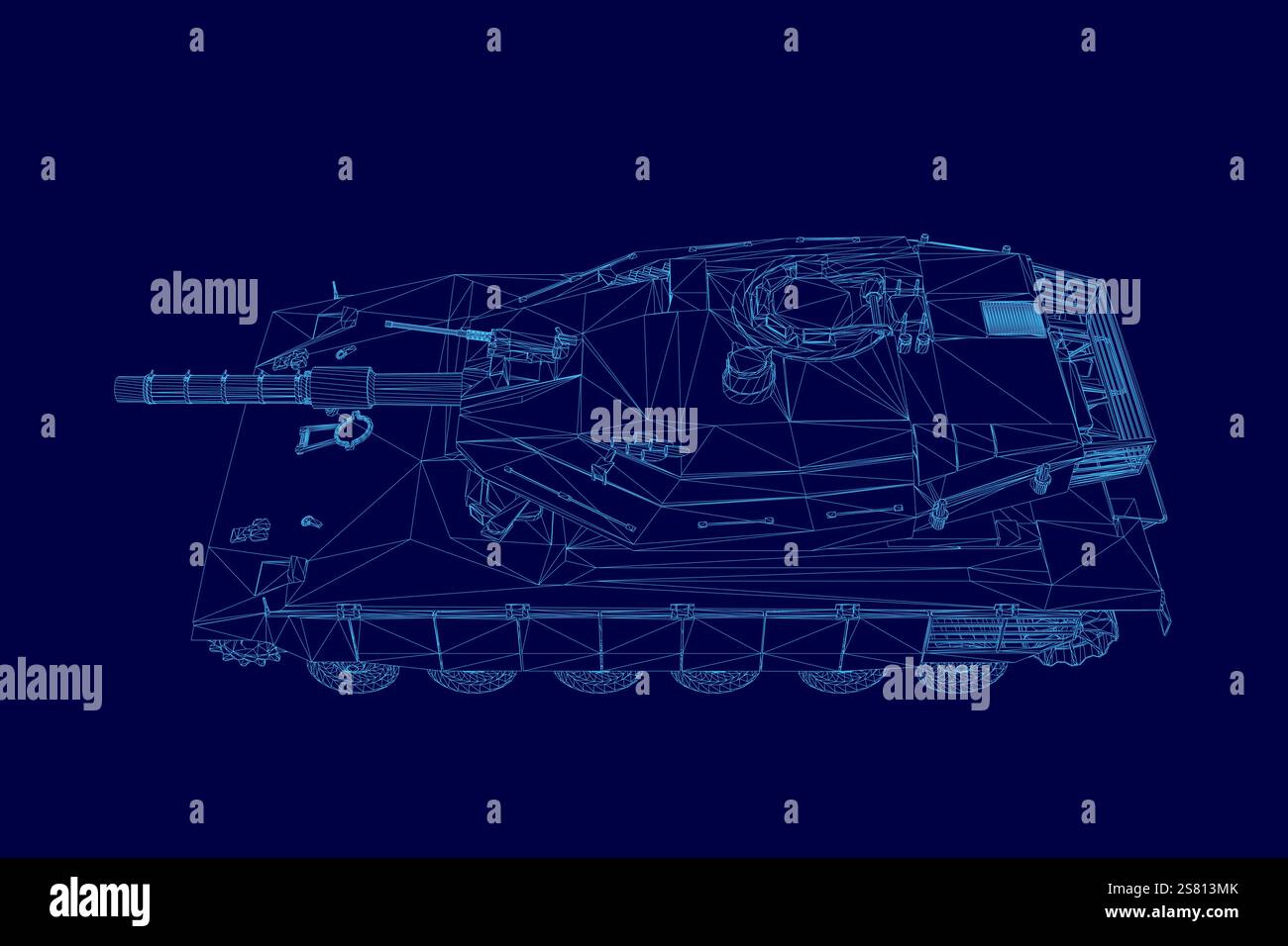 Blue drawing of a tank. The tank is shown in a very detailed and ...