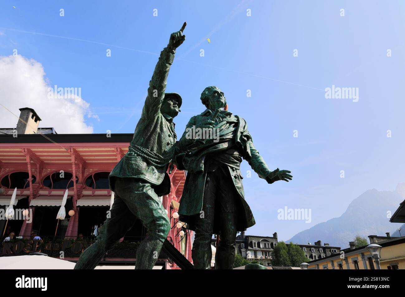 Statue of Jacques Balmat showing the summit of Mont Blanc to Horace ...