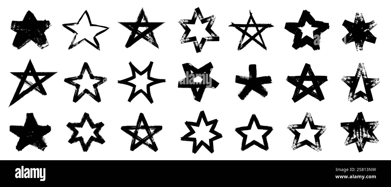 Brush stars. Graffiti star strokes, hand drawn grunge sketch starburst ...