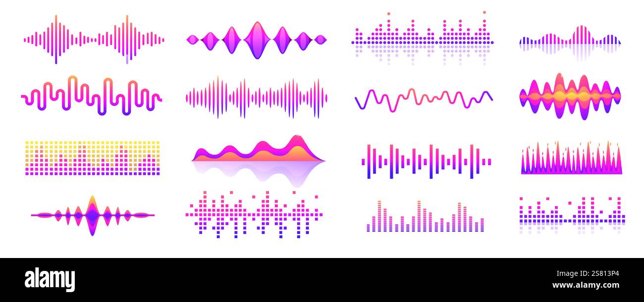 Sound waves. Audio music rhythm wave pulse, voice signal level bar, song waveform graphic icons ...