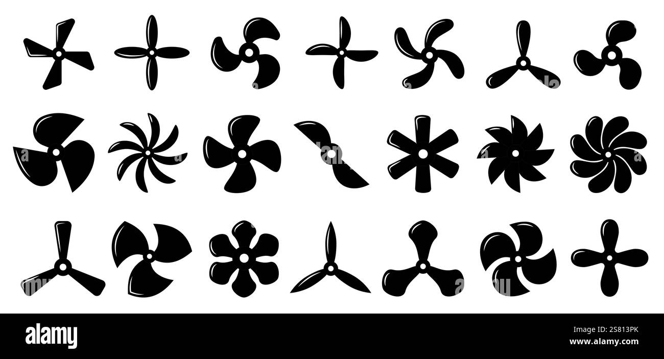 Boat propeller icons. Aircraft turbine rotor, ship marine engine screw ...