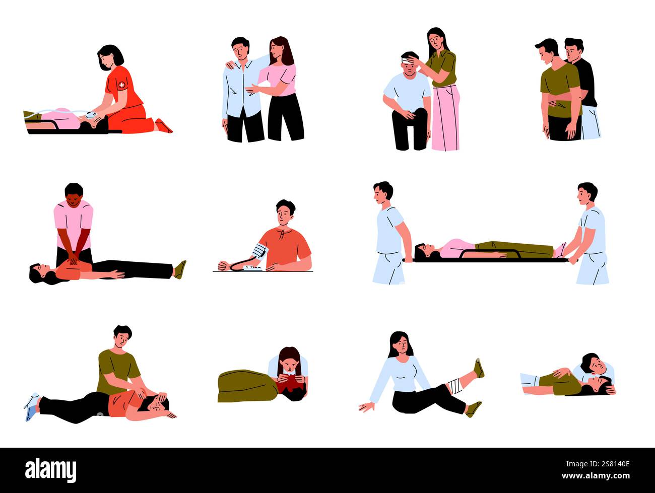 First aid procedures. Medical CPR emergency help, person training rescue medics techniques ...