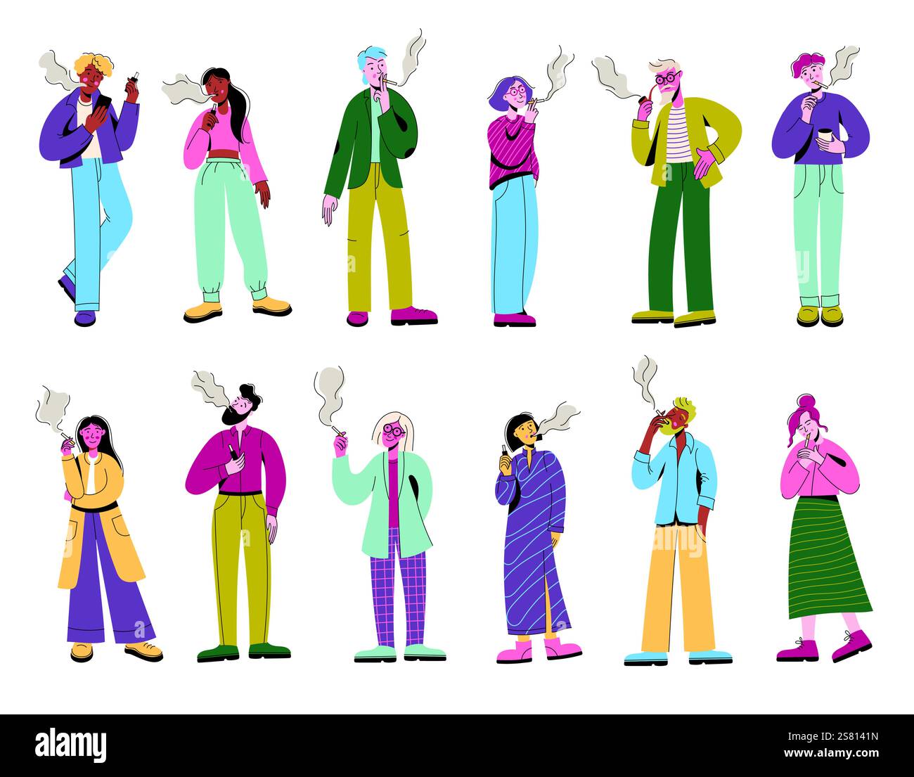 Smoker person. Cartoon cigarette smoking male female characters, young ...