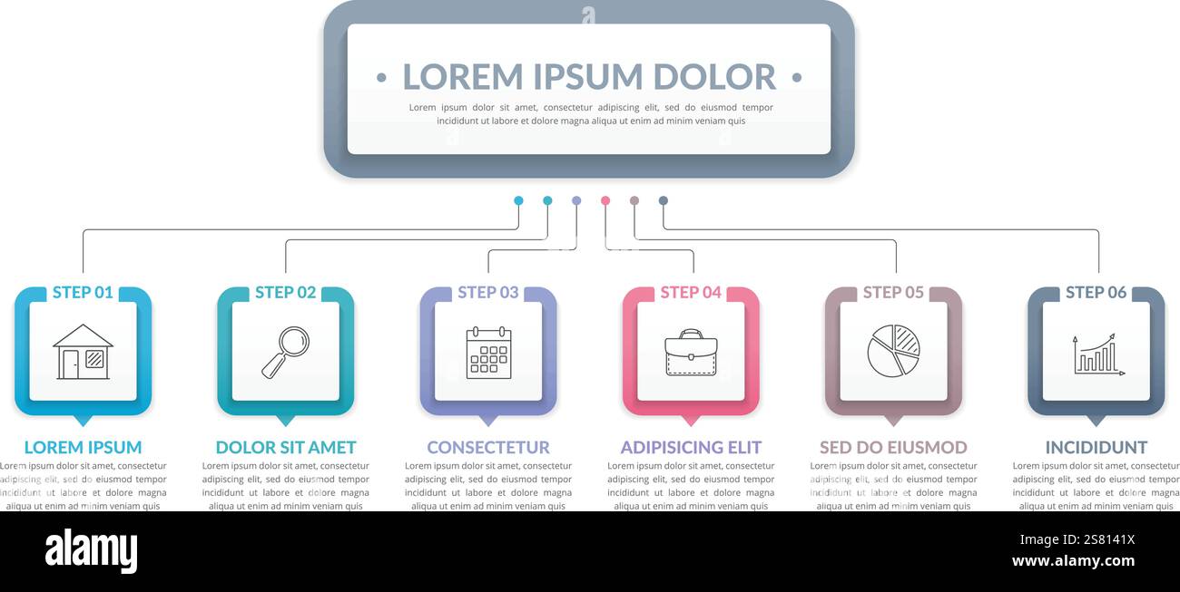 Infographic template with main title and 6 steps or options, workflow ...