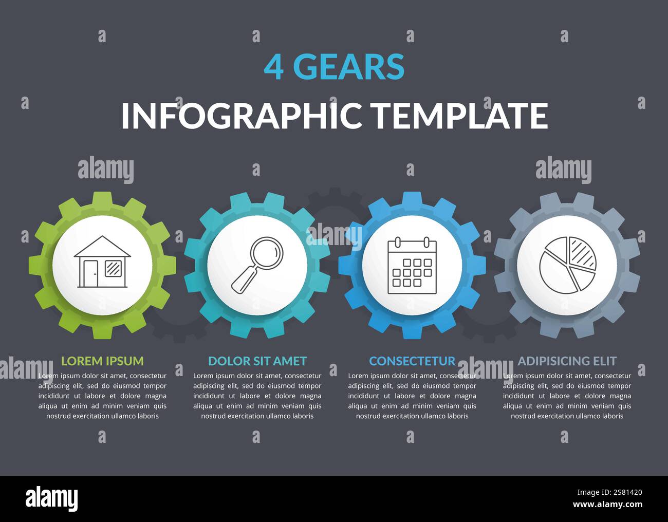 Infographic template with four gears with line icons, vector eps10 ...