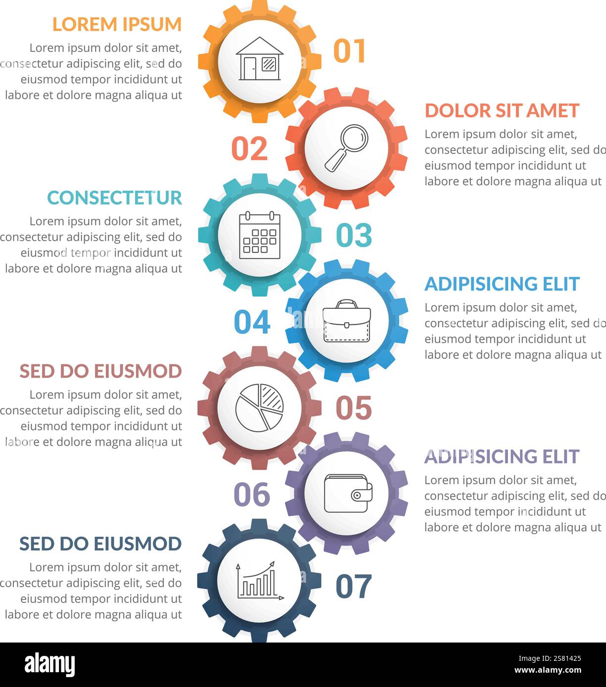 Infographic template with seven gears with line icons, vector eps10 ...
