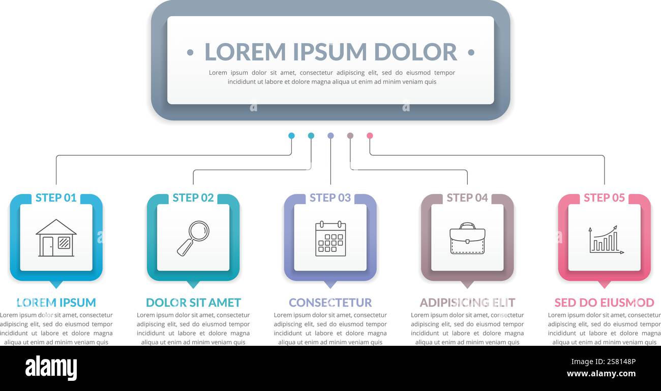 Infographic template with main title and 5 steps or options, workflow ...