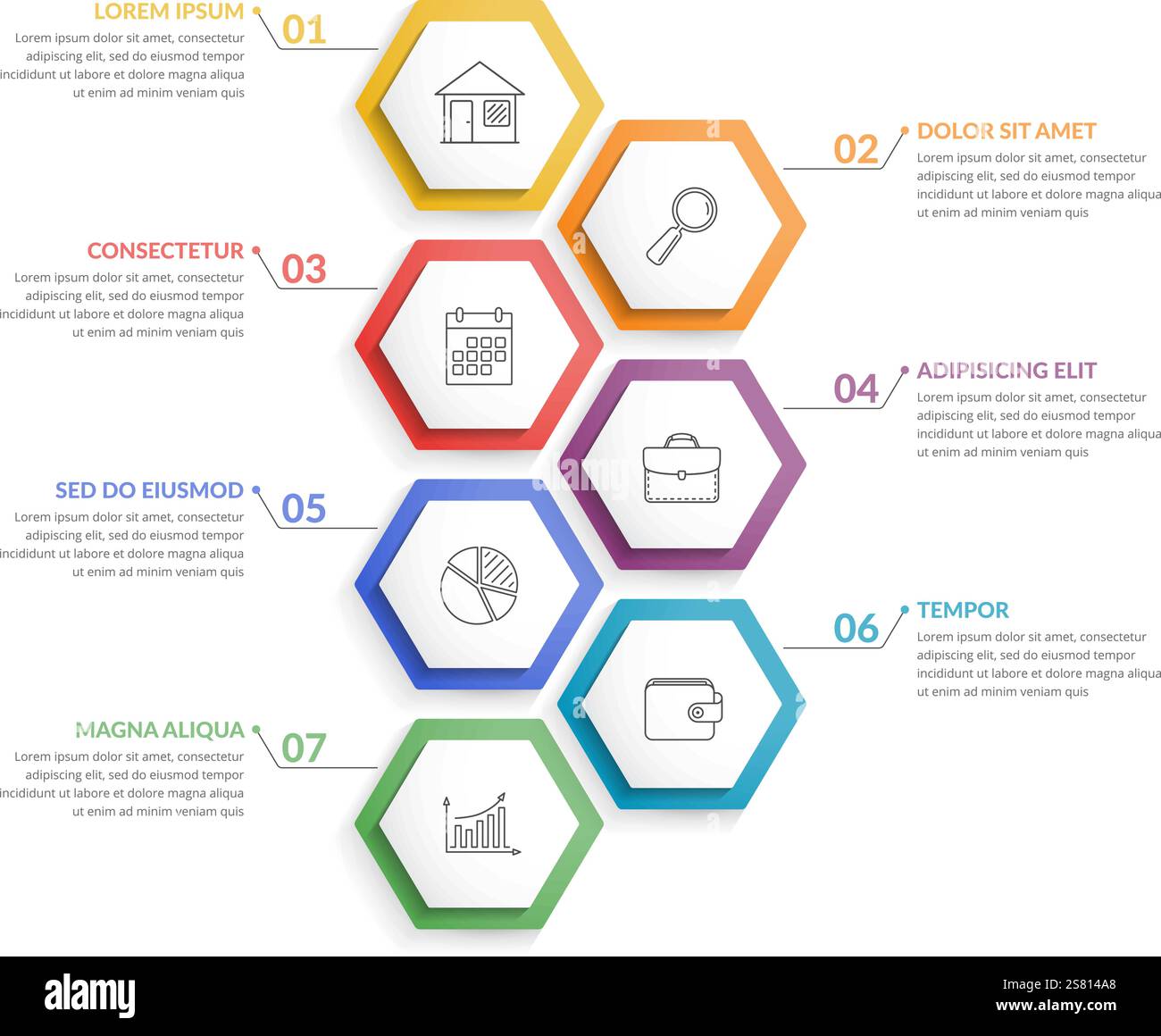 Infographic template with 7 hexagons with line icons, process chart ...