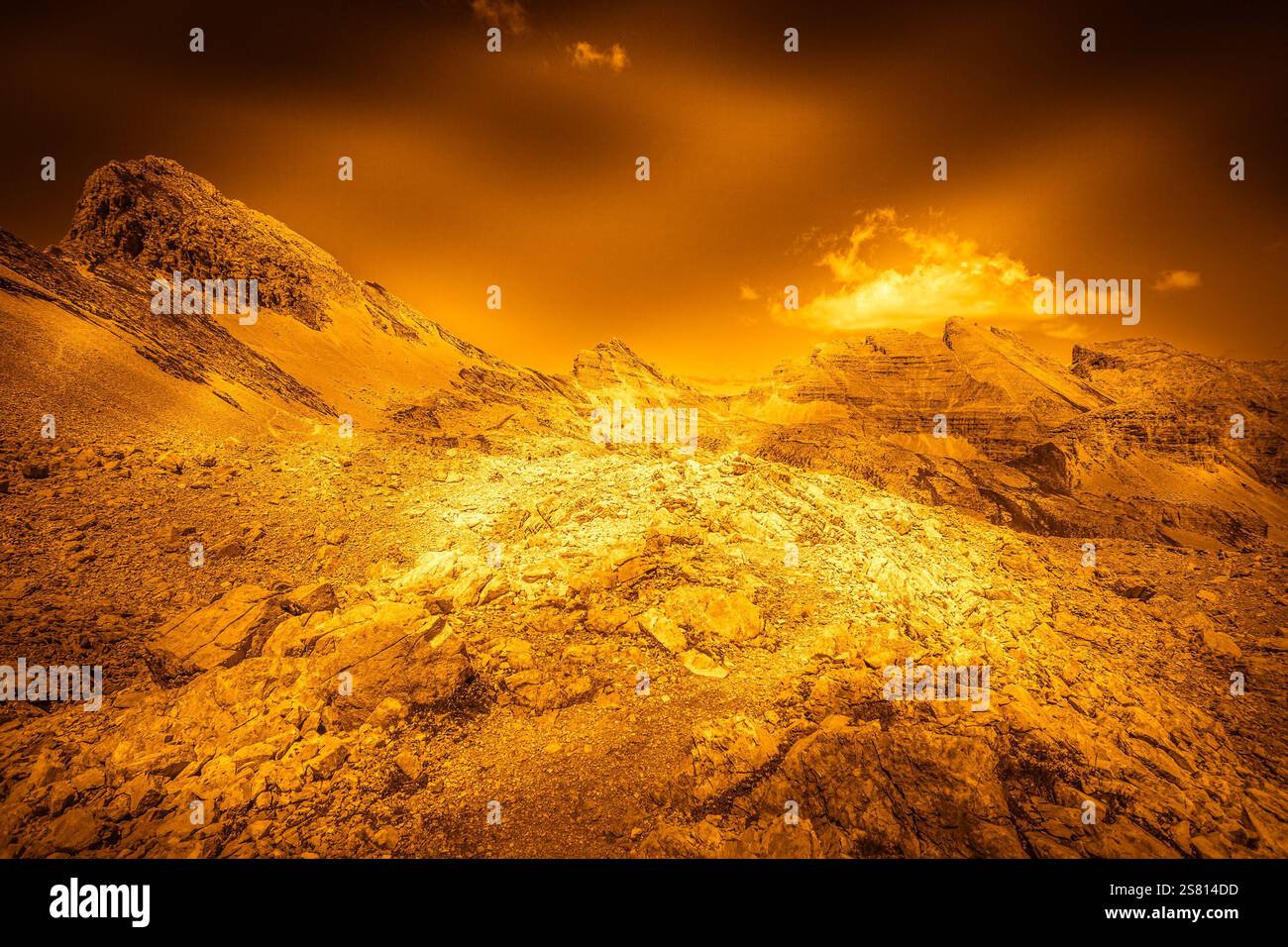 Orange color effect of path towards dolomite rocky crests in the ...