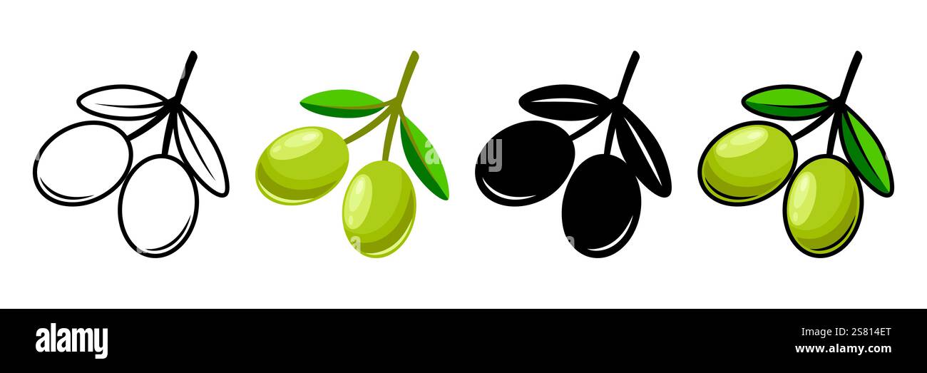 Flat Vector Green and Black Olives Outline Set. Hand-Drawn Olive Tree ...