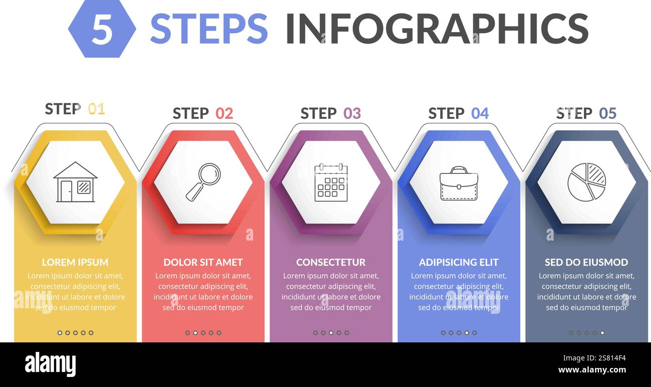 Infographic template with 5 hexagons with line icons, process chart ...