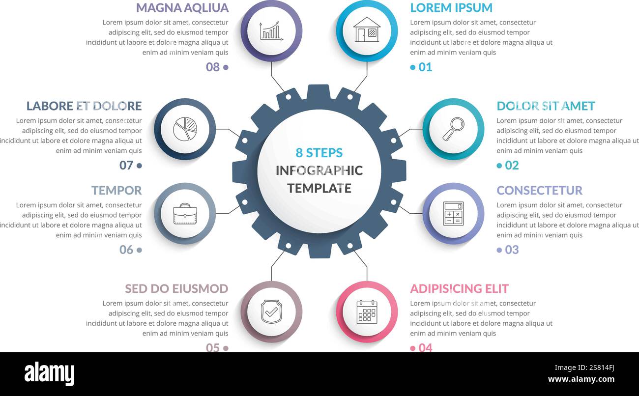 Infographic template with gear with eight elements, steps or options ...