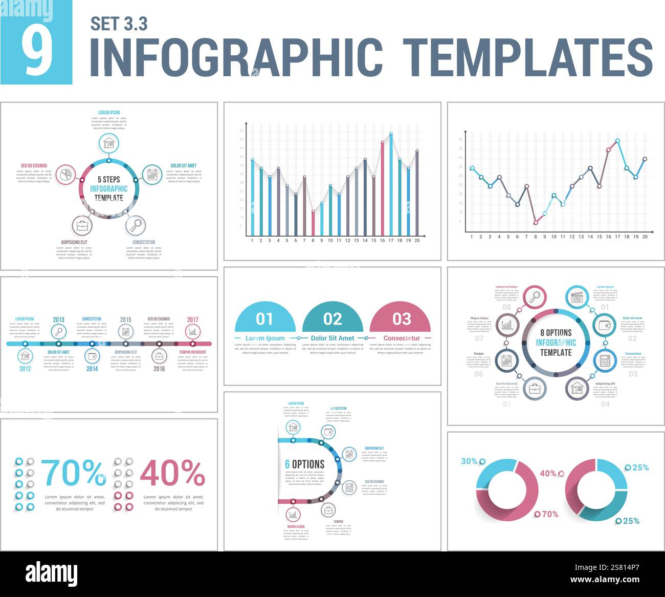 9 infographic templates - timeline, bar and line charts, pie chart ...