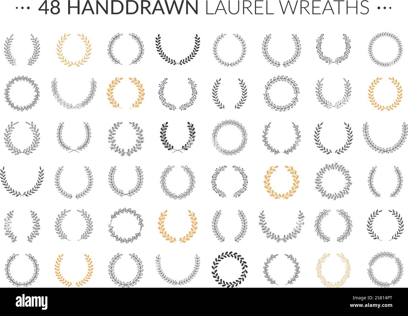 Set of 48 hand drawn laurel wreaths on white background, vector eps10 ...