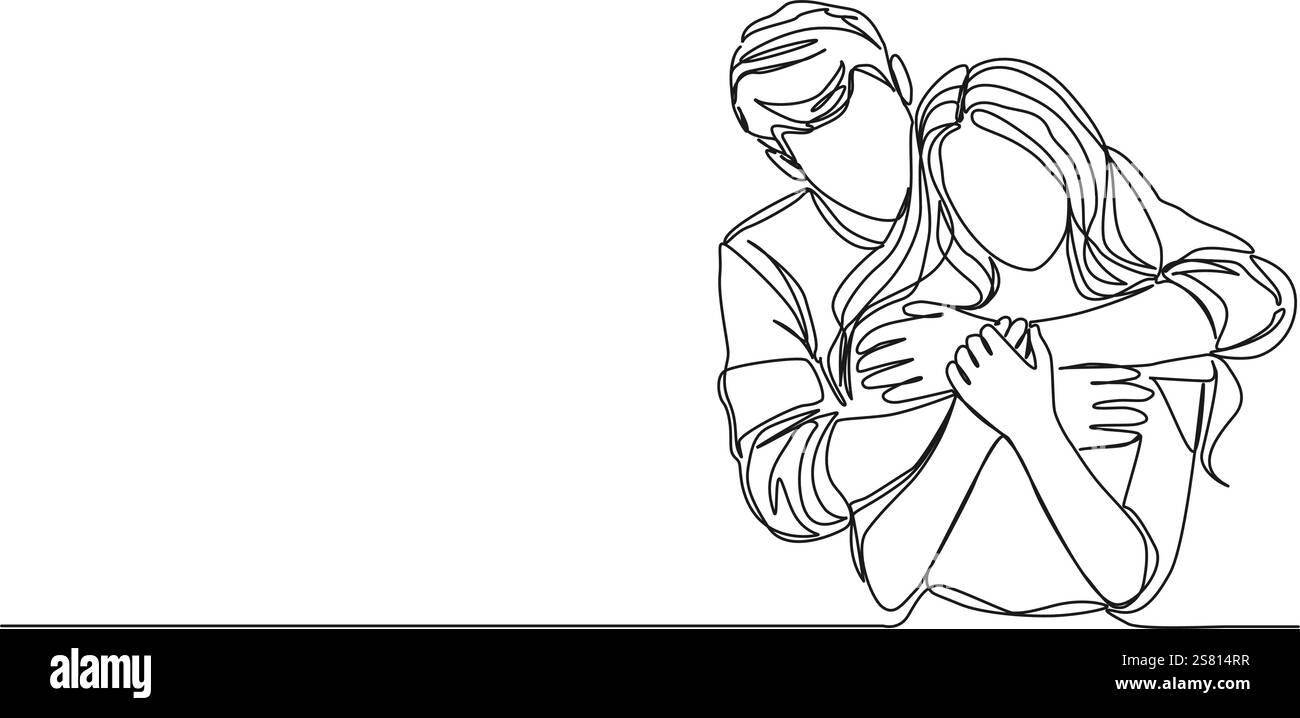 continuous single line drawing of couple hugging, man wrapping arms ...