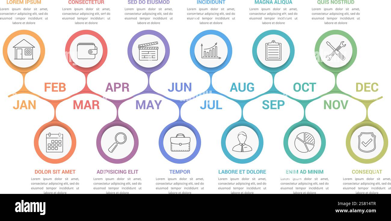 Timeline infographics with 12 months, vector eps10 illustration Stock ...