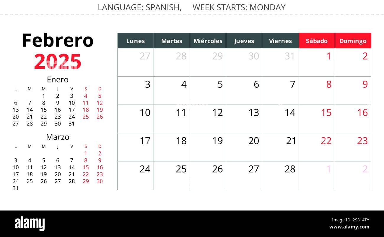 2025 Spanish february calendar - month febrero. Vector illustrations for winter month for Spain ...