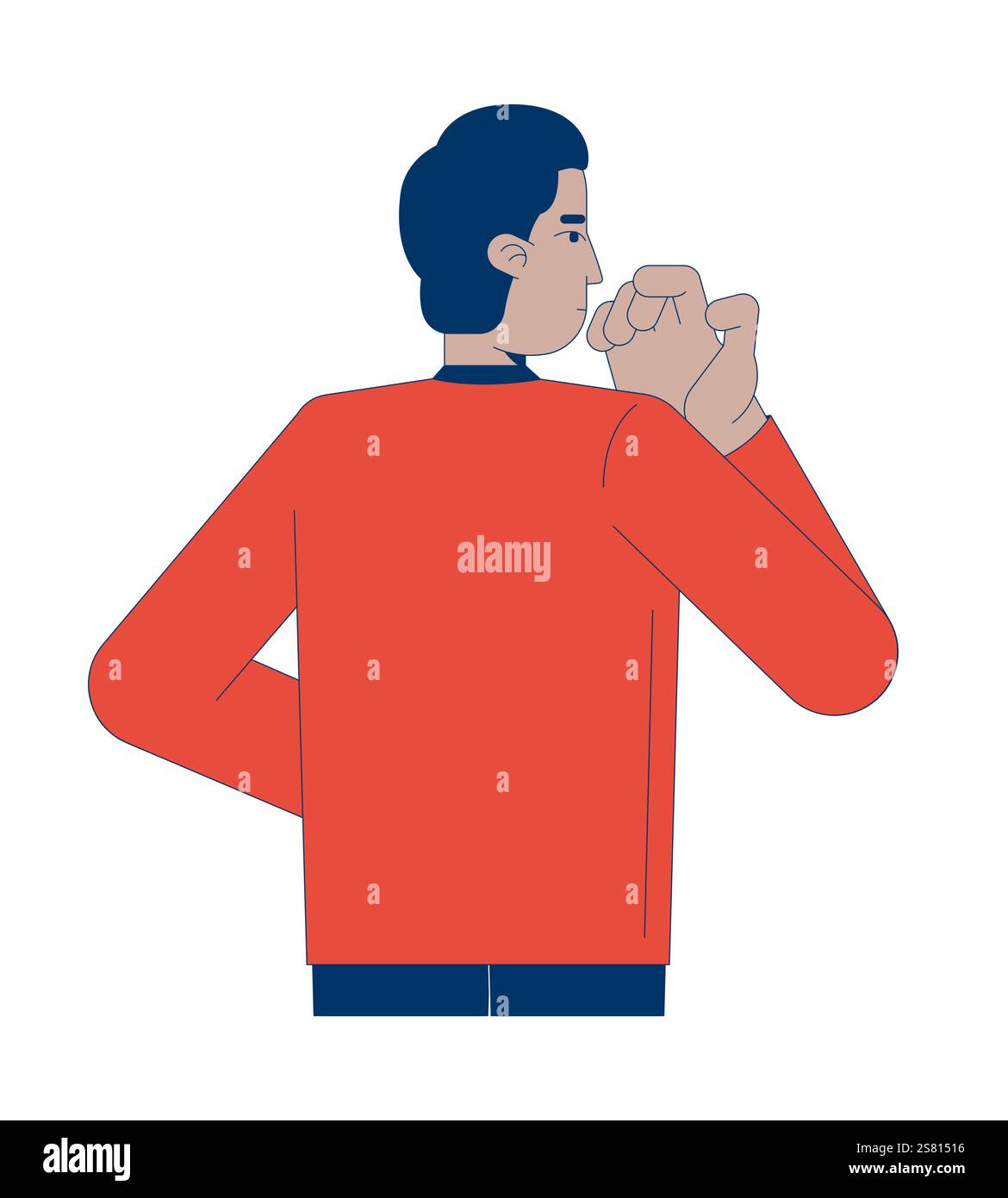 Thoughtful guy raising hand to mouth in reflective pose 2D cartoon ...