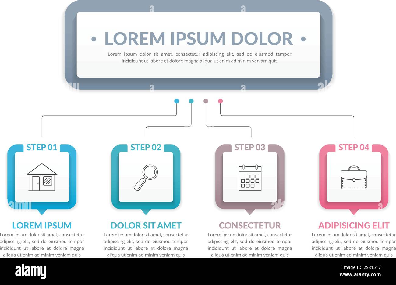 Infographic template with main title and 4 steps or options, workflow ...