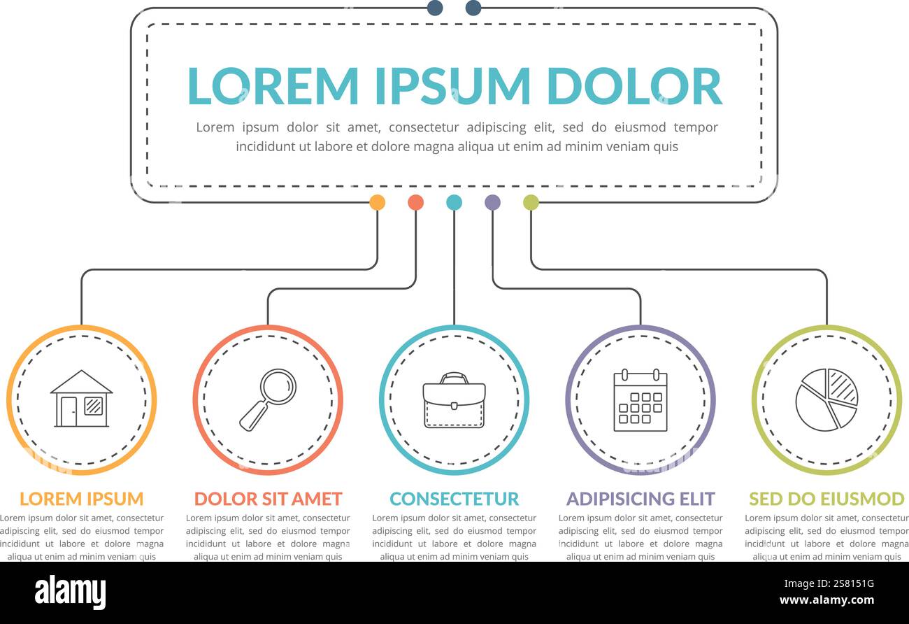 Infographic template with main idea and 5 steps or options, workflow, process chart, vector ...