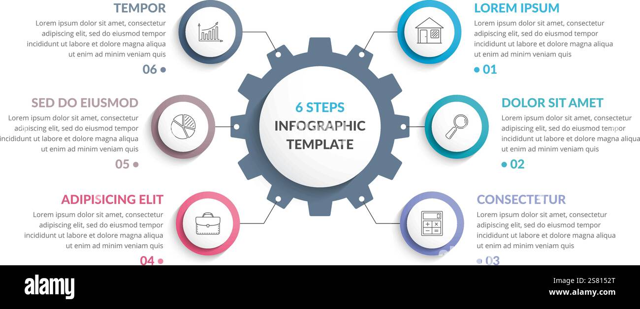 Infographic template with gear with six elements, steps or options ...