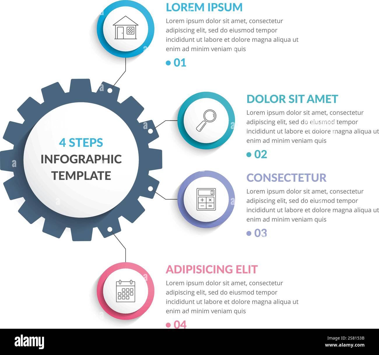 Infographic template with gear with four elements, steps or options ...