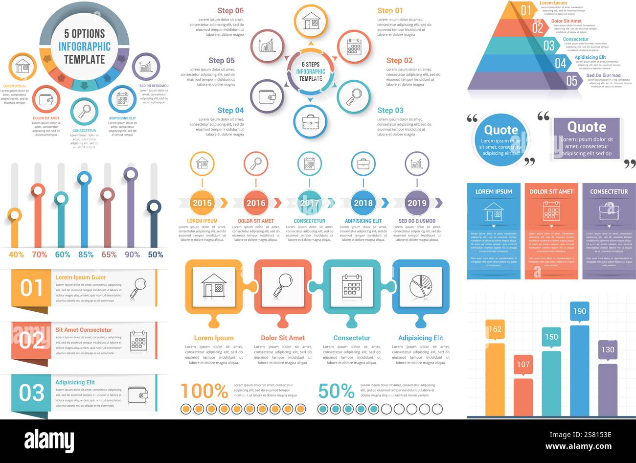 Infographic elements - circle diagrams, timeline, bar graphs, pyramid ...