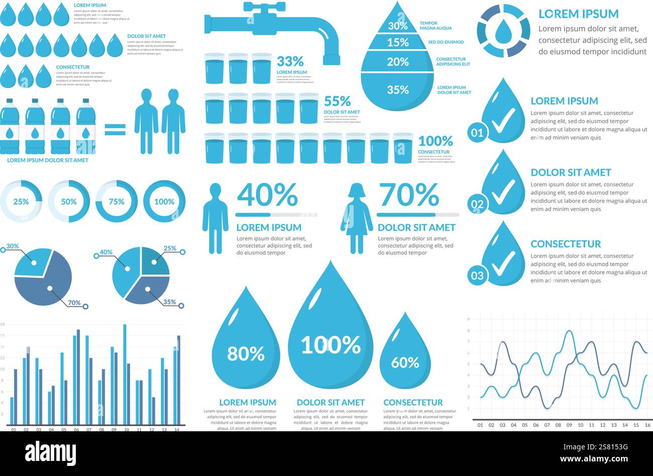 Water infographic elements - drops, bottles, people, graphs, percents ...