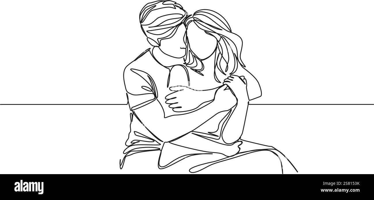 continuous single line drawing of couple hugging, man wrapping arms ...