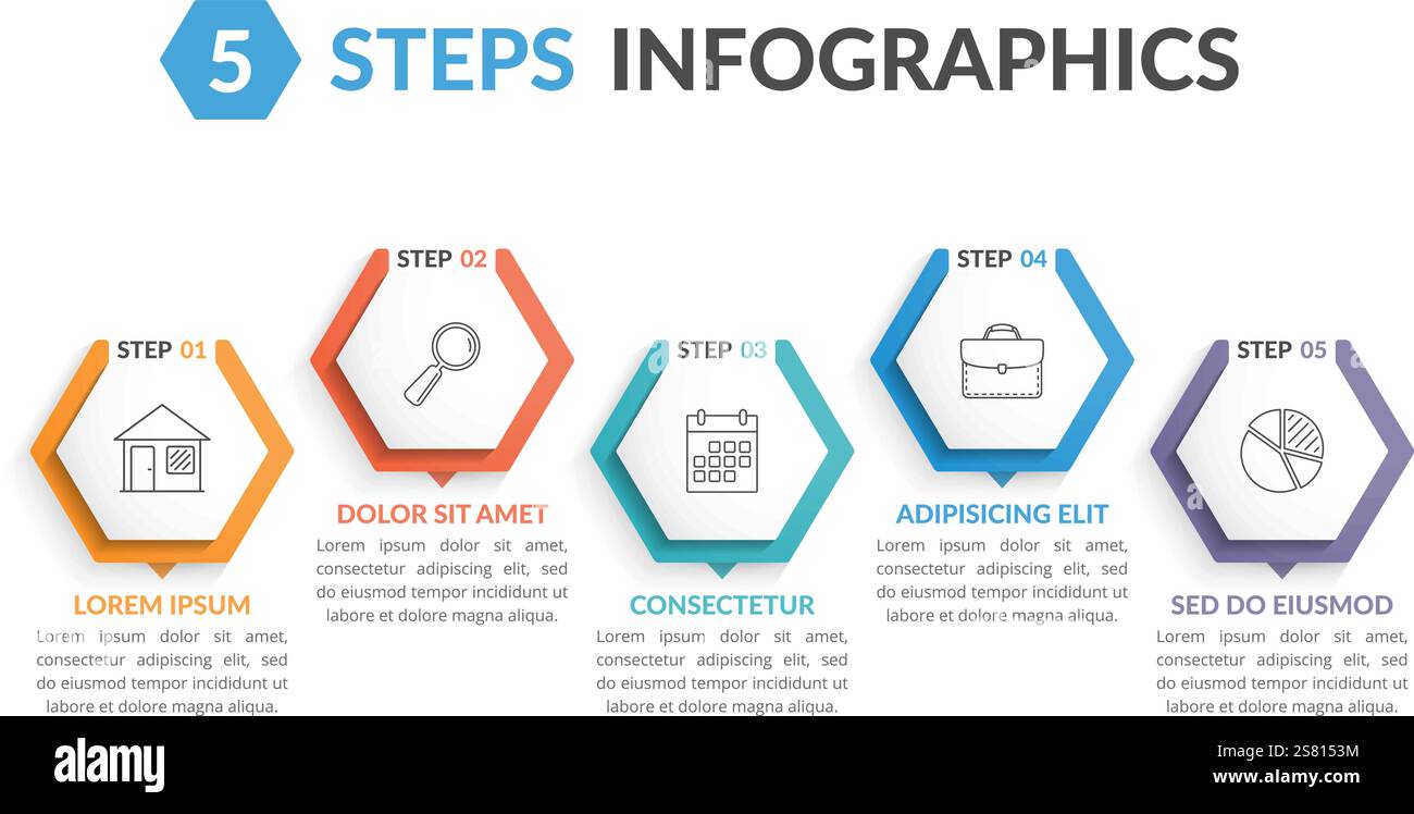 Infographic template with 5 hexagons with line icons, process chart ...
