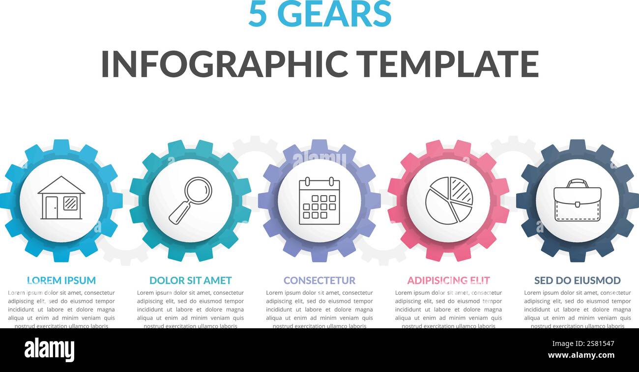 Infographic template with five gears with line icons, vector eps10 ...