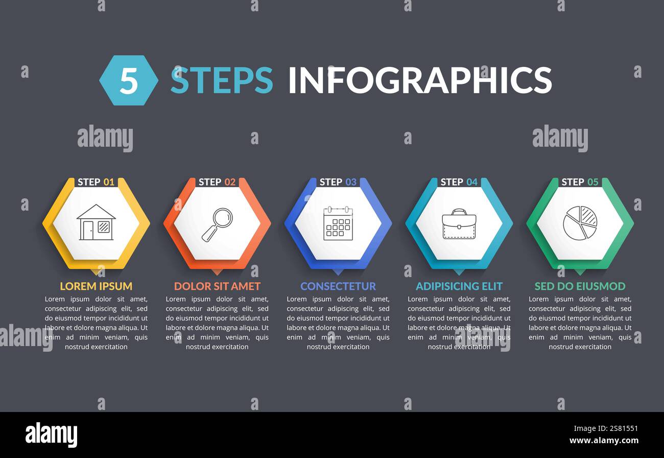 Infographic template with 5 hexagons with line icons, process chart ...