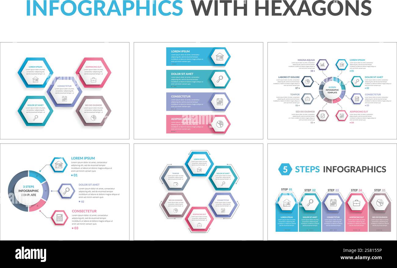 Six infographic templates with hexagons, workflow or process diagrams ...