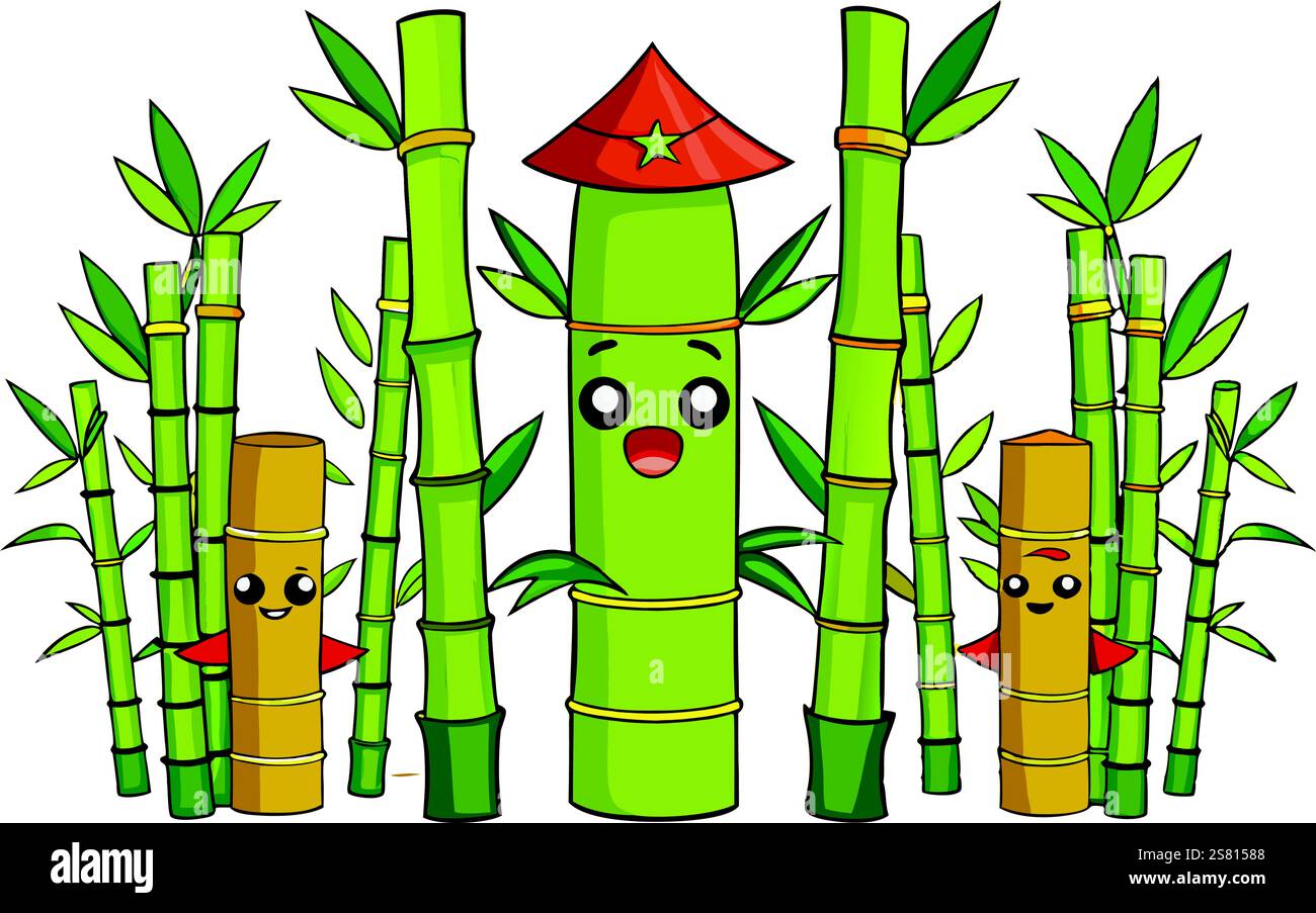 Cartoon bamboo plants with smiling faces and colorful red hats, perfect ...