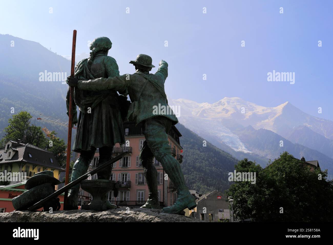 Statue of Jacques Balmat showing the summit of Mont Blanc to Horace ...