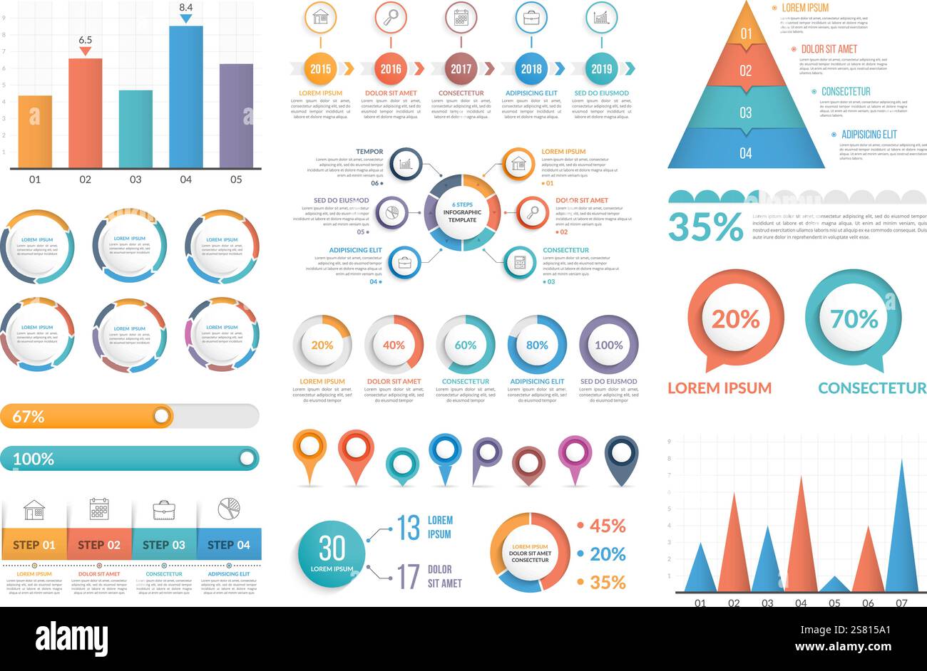 Set of infographic elements - bar chart, pyramid chart, circle diagram ...