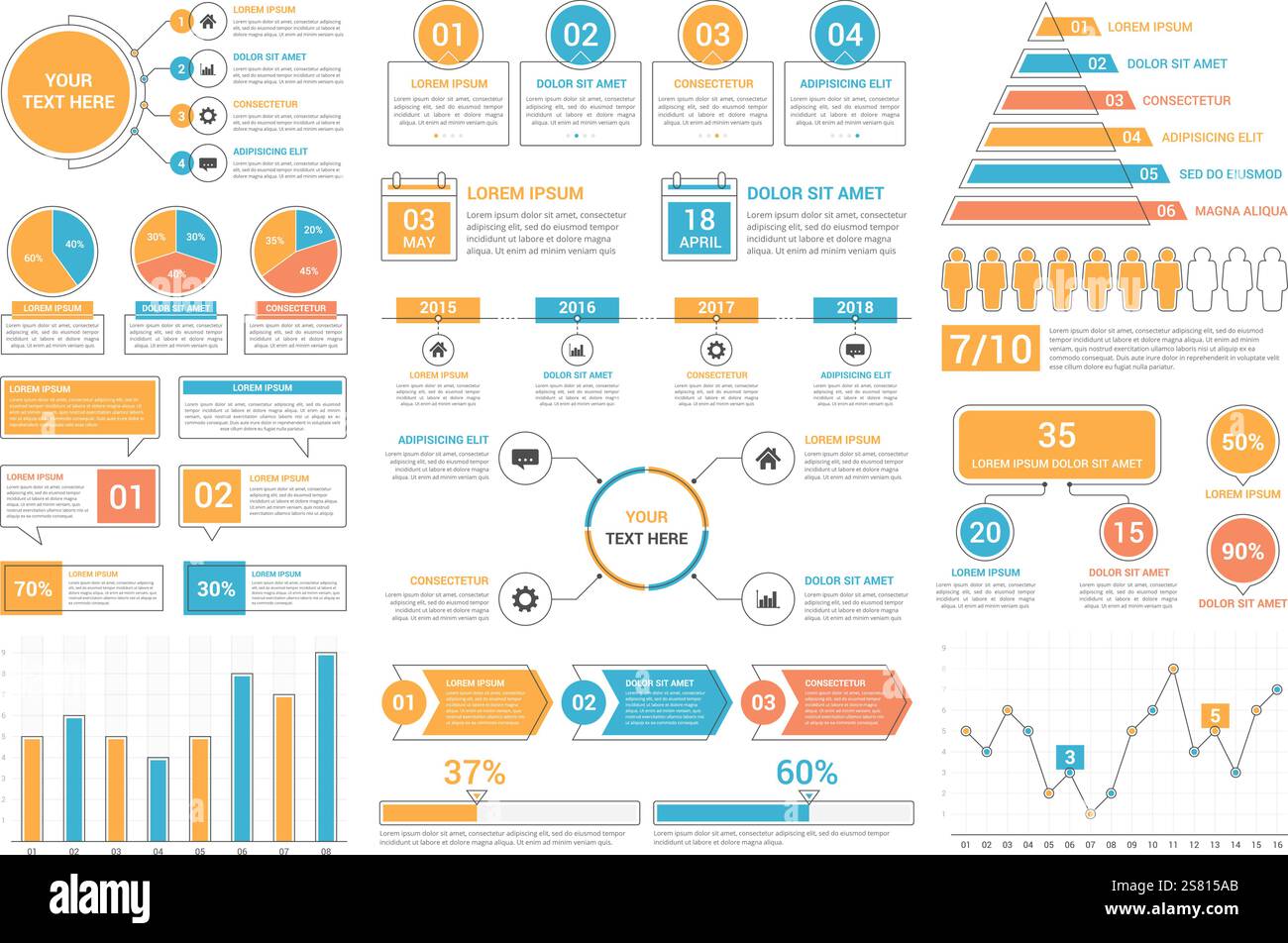 Infographic elements - bar and line charts, percents, pie charts, steps ...