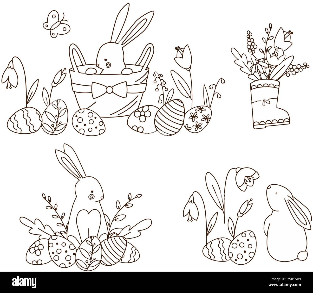 Easter coloring book pages collection with bunny eggs and flower Black ...