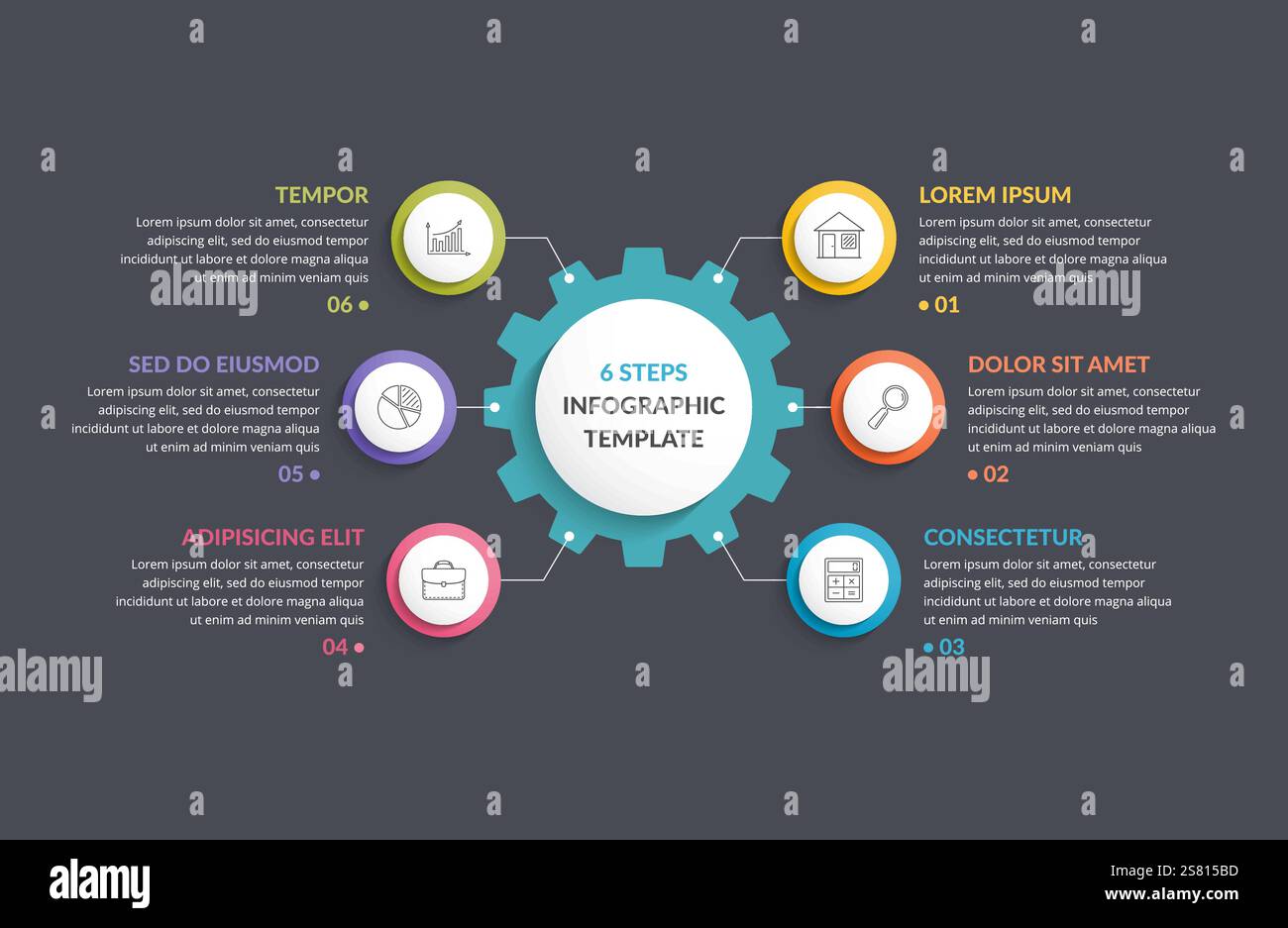 Infographic template with gear with six elements, steps or options ...
