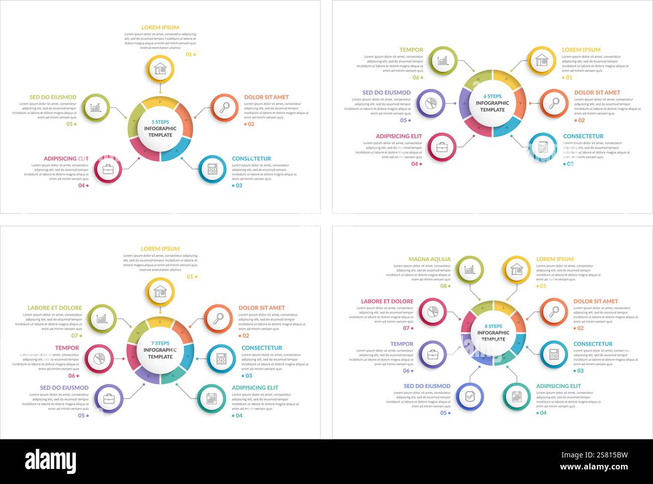 Circle infographics templates with five, six, seven and eight elements ...
