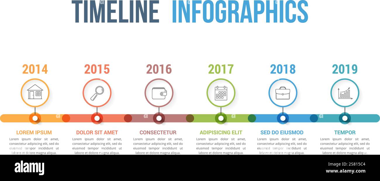 Horizontal timeline infographics template with colorful circles ...