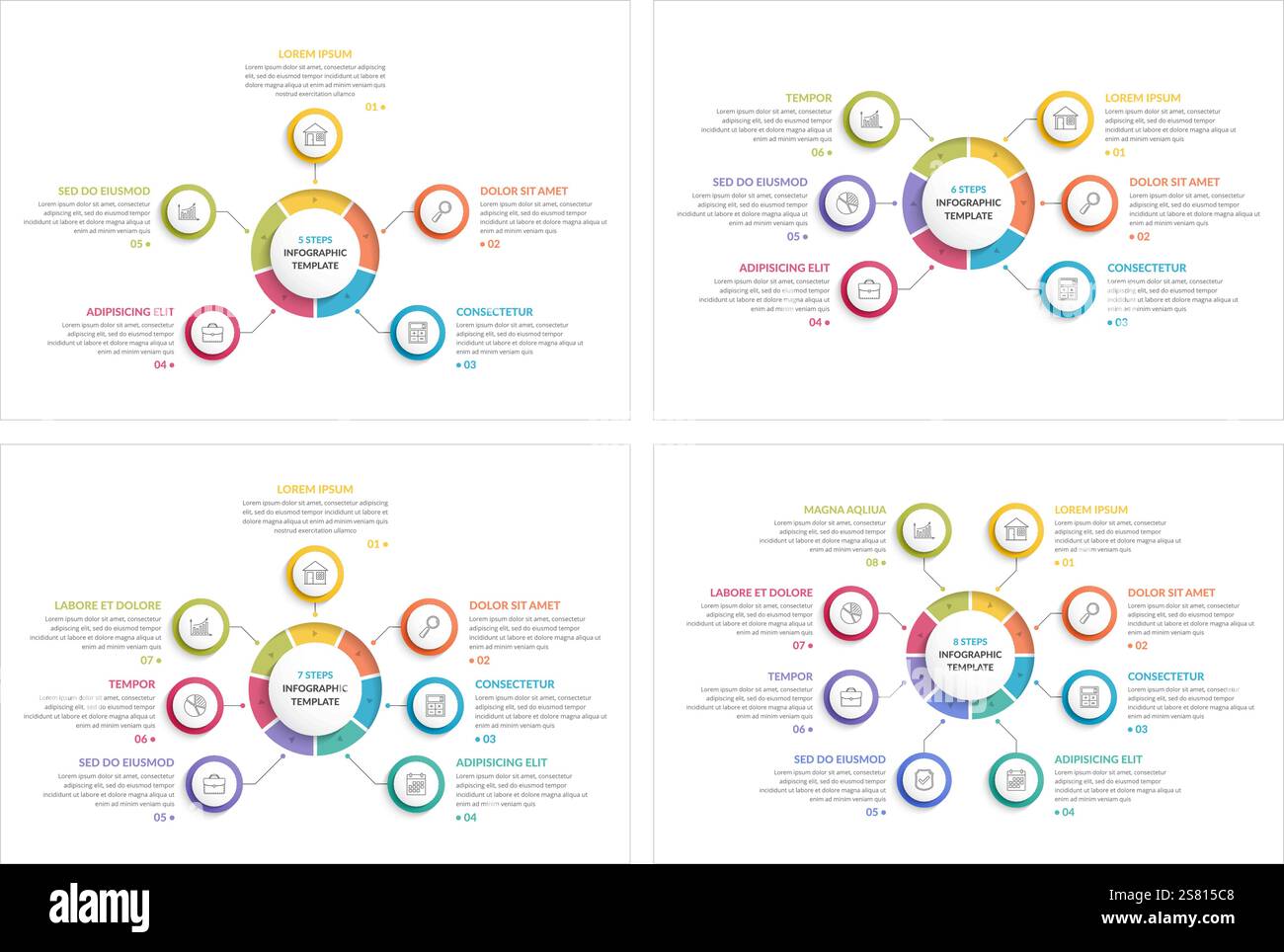 Circle infographics templates with five, six, seven and eight elements ...