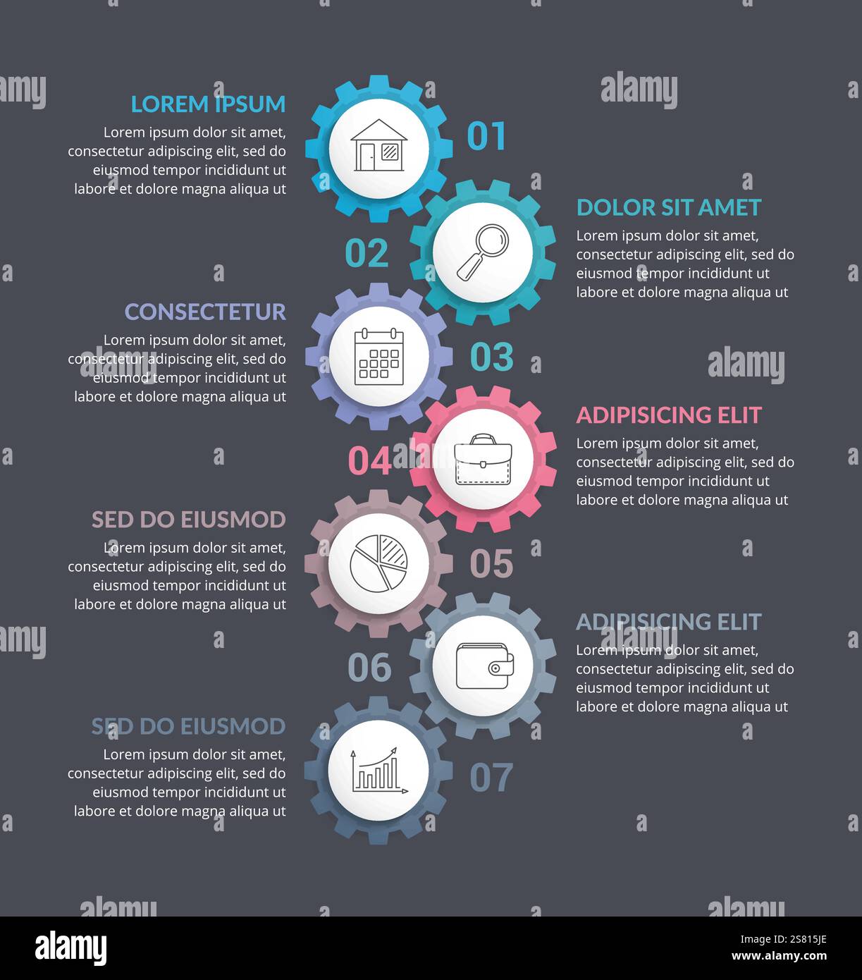 Infographic template with seven gears with line icons, vector eps10 ...