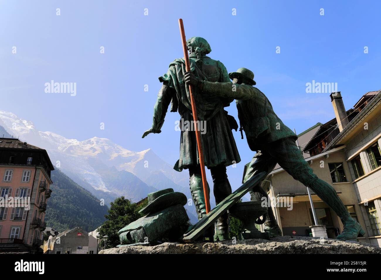 Statue of Jacques Balmat showing the summit of Mont Blanc to Horace ...