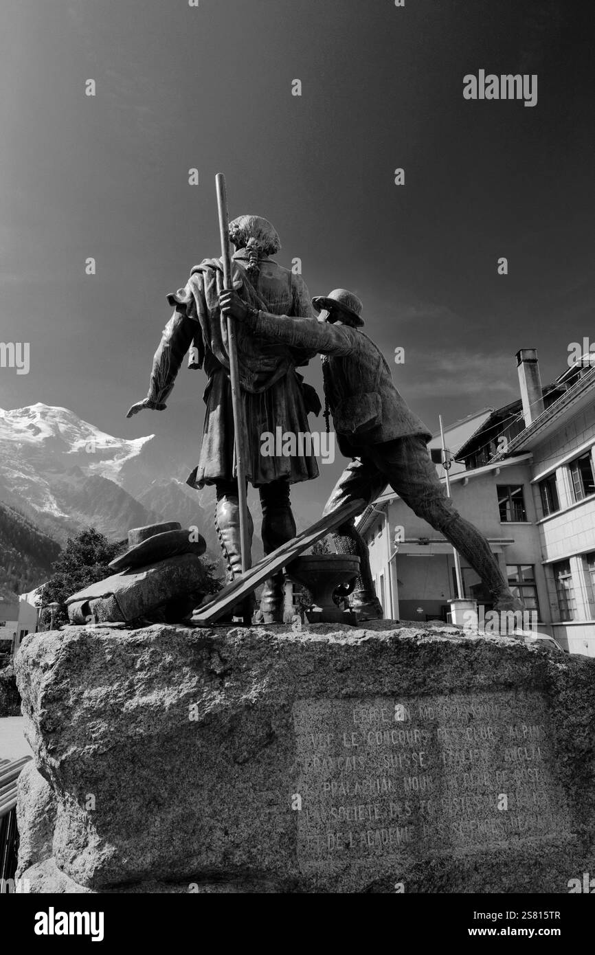 Statue of Jacques Balmat showing the summit of Mont Blanc to Horace ...