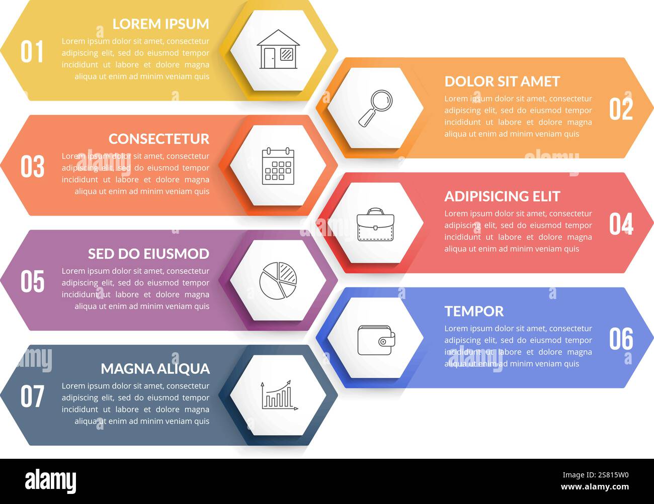 Infographic template with 7 hexagons with line icons, process chart ...